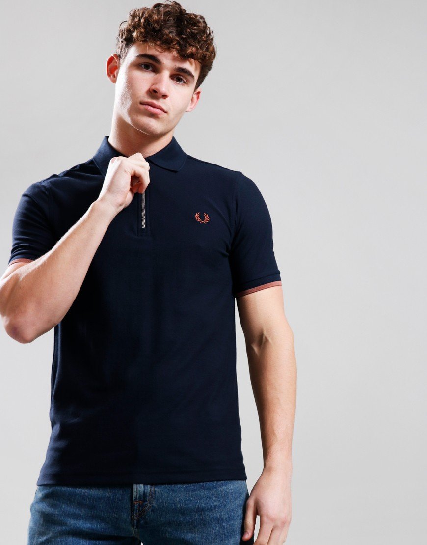 Fred Perry Crepe Zip Polo Shirt Navy - Terraces Menswear
