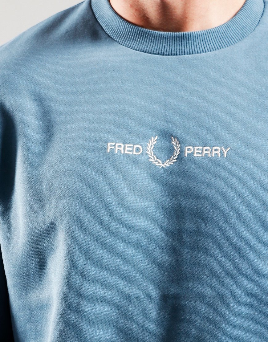 Fred Perry Embroidered Crew Sweat Ash Blue - Terraces Menswear