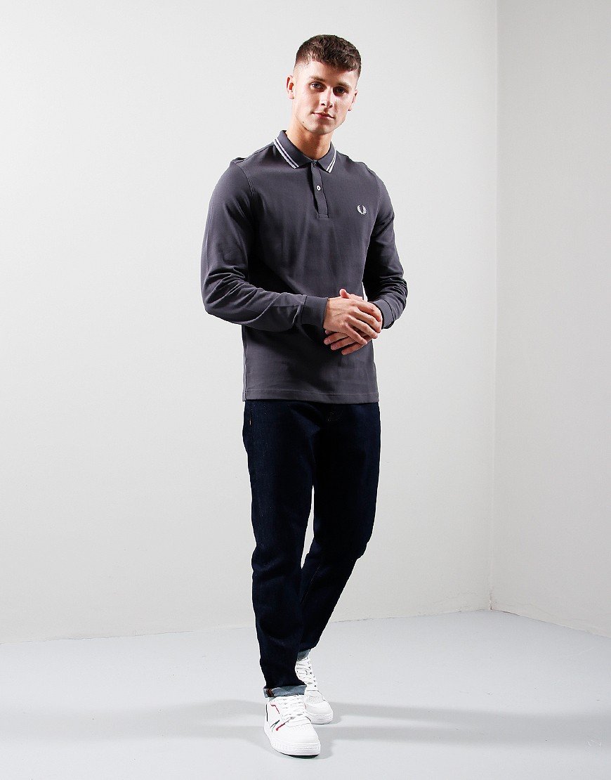 Fred Perry Twin Tip Long Sleeve Polo Shirt Gunmetal/Limestone ...