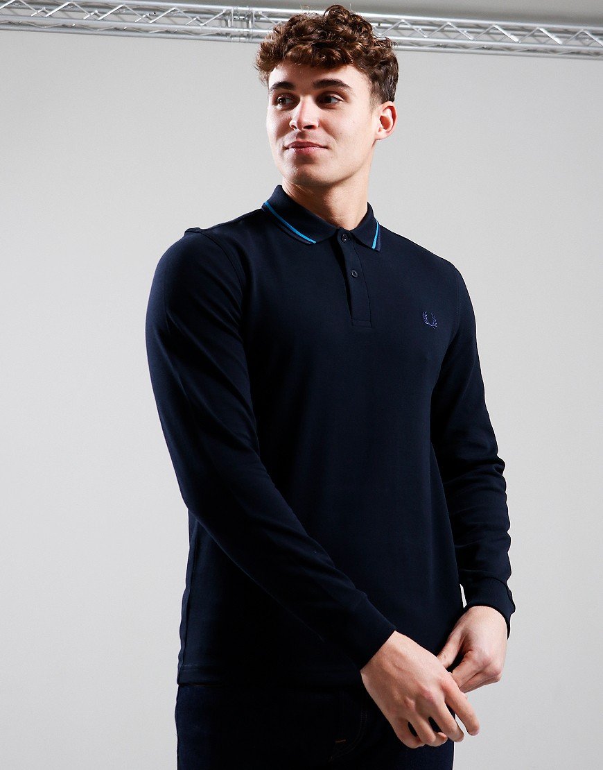 Fred Perry Long Sleeve Twin Tipped Polo Shirt Navy/Ocean/Dark Carbon ...