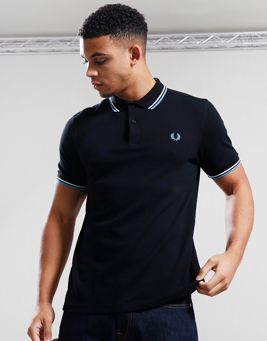 Fred Perry Twin Tipped Polo Shirt Black/Ecru/Soft Blue - Terraces Menswear